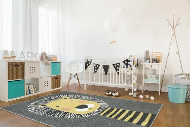 Dětský koberec Lima E181A světle šedý/žlutý, lev