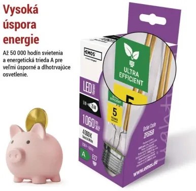 Emos lighting LED žárovka Filament A60 A CLASS/ E27 / 5 W (75 W) / 1 060 lm / neutrální bílá 1525283412