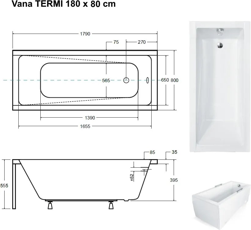 Besco Termi obdélníková vana 180 x 80 cm akrylát bílá OLVTER18 Koupelny Bernold