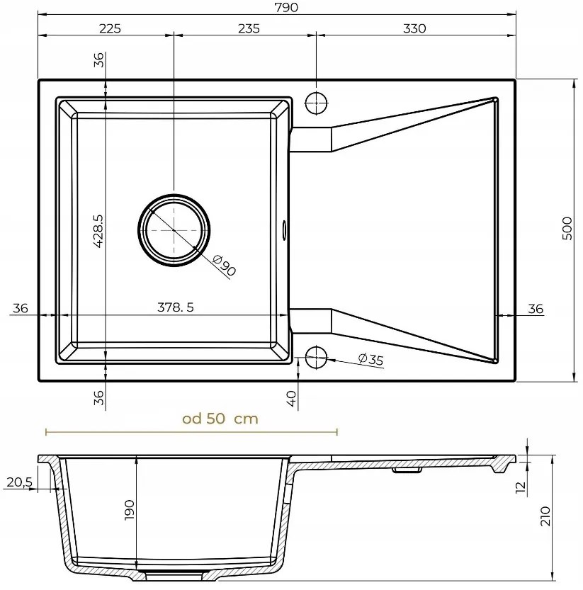 Sink Quality Obsidian, kuchyňský granitový dřez 790x500x210 mm + zlatý sifon, černá, SKQ-OBS.C.1KDO.XG