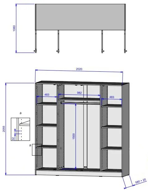 Šatní skříň z masivu dubu FRED - 4-dveřová se zrcadlem