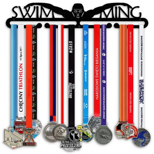 Walenty Kovový nástěnný věšák na medaile Swimming, 4 rozměry, různé barvy Barva: černá, Rozměr: Délka 80cm