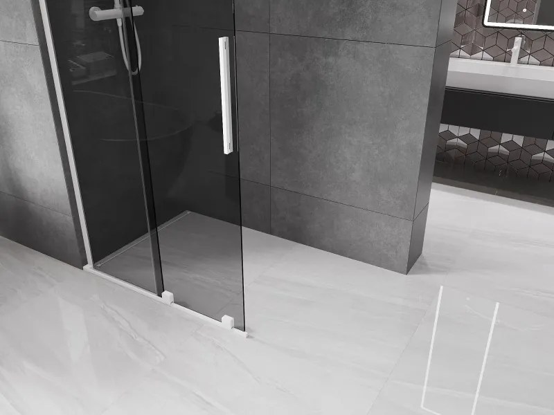 Mexen Velar L, posuvná sprchová zástěna Walk-in 100 x 200 cm, 8mm šedé sklo, bílá matná, 871-100-003-43-20
