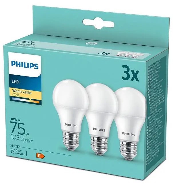 Philips LED sada žárovek 3x10W-75W E27 1055lm 2700K set 3ks, bílá