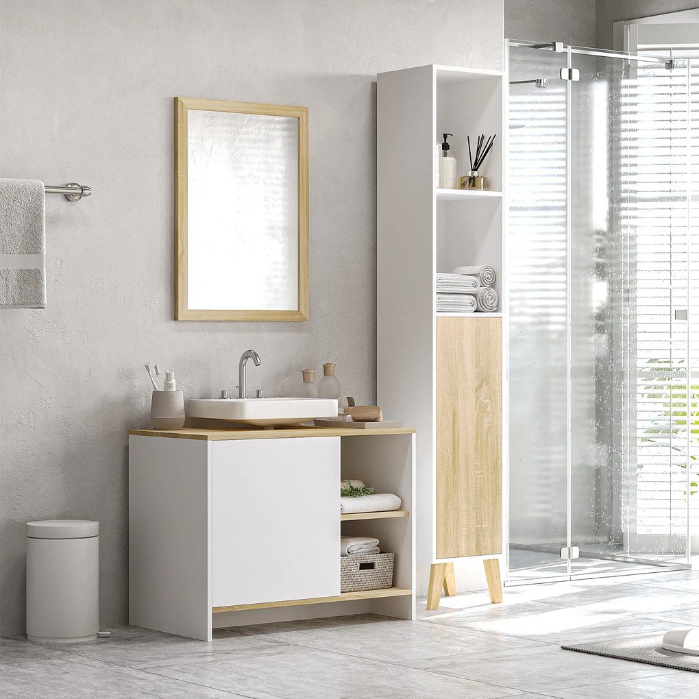 Moderní koupelnová skříňka pod umyvadlo kleankin s přihrádkami a dveřmi 77x45x60 cm Bílá a Přírodní