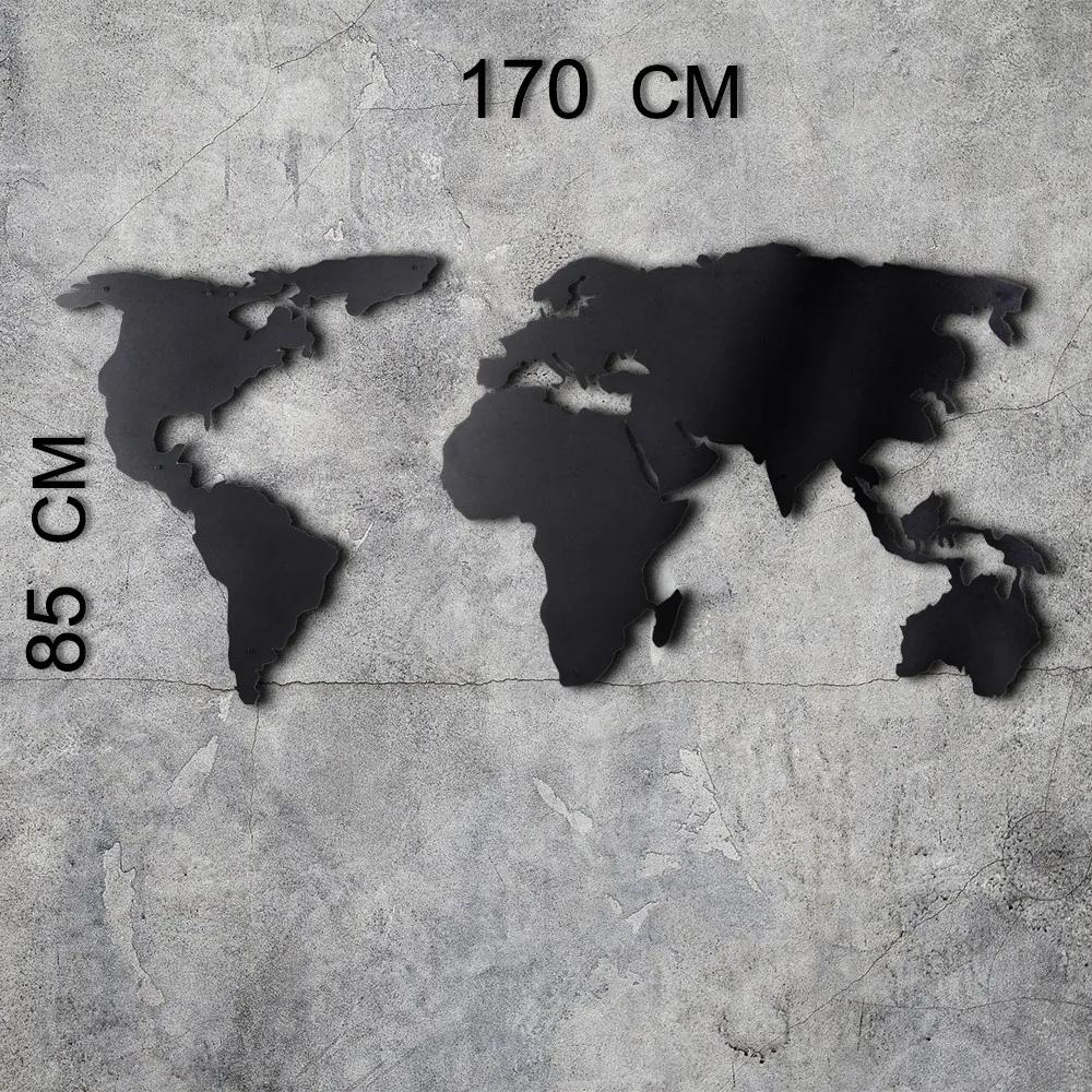 Nástěnná kovová dekorace Mapa světa 85x170 cm černá