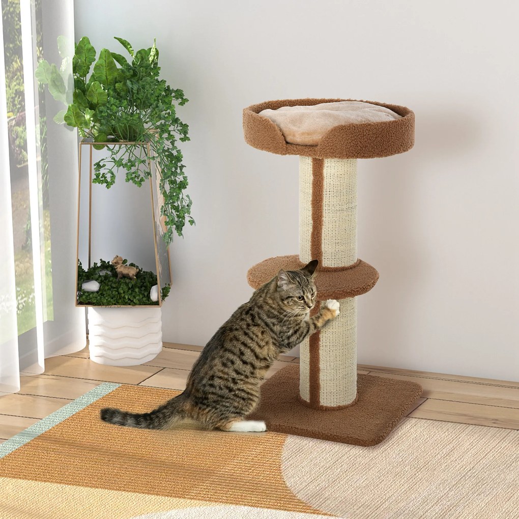 PawHut škrabadlo s odnímatelným polštářem, do 30 kg, škrabadlo, kočičí strom s plošinou, stabilní, sisal, světle hnědá, 45x45x91cm