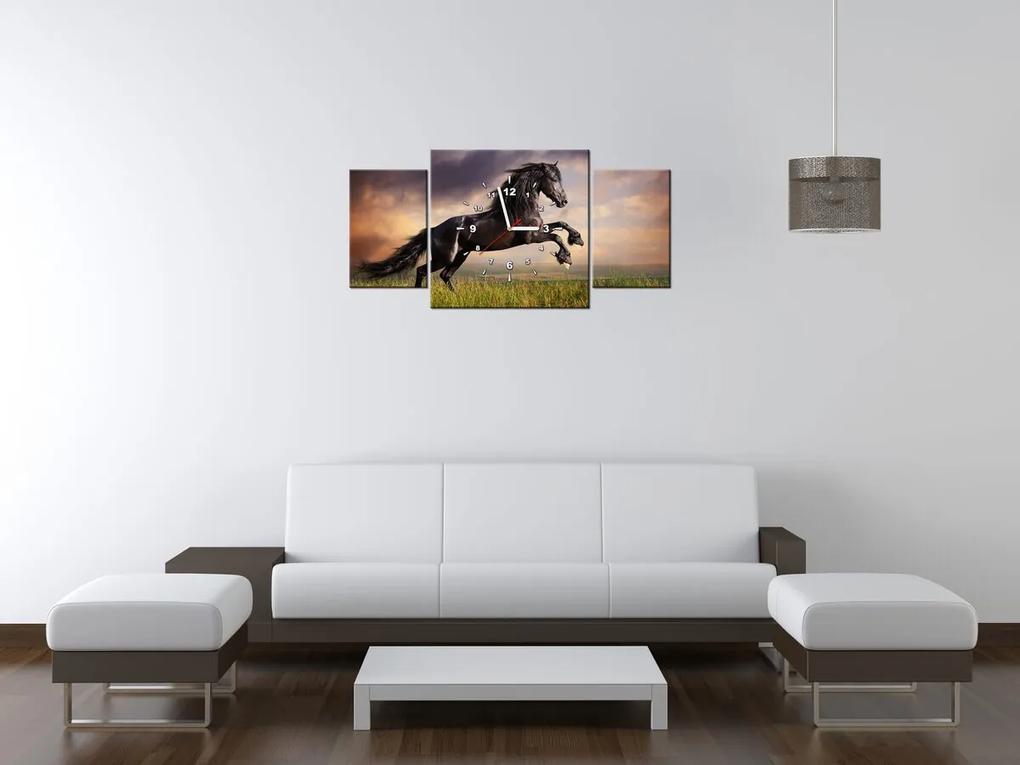 Gario Obraz s hodinami Silný černý kůň - 3 dílný Rozměry: 80 x 40 cm