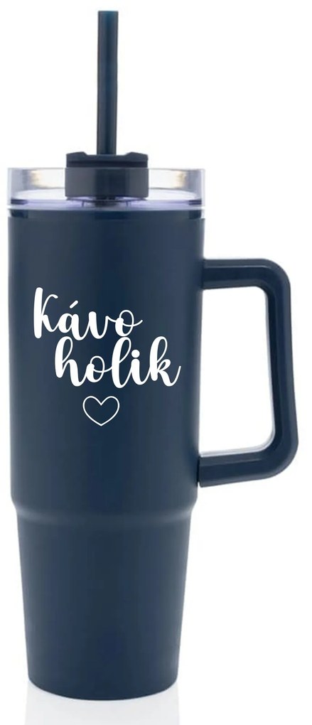 KÁVOHOLIK - modrý cestovní termohrnek s průhledným víčkem 900 ml
