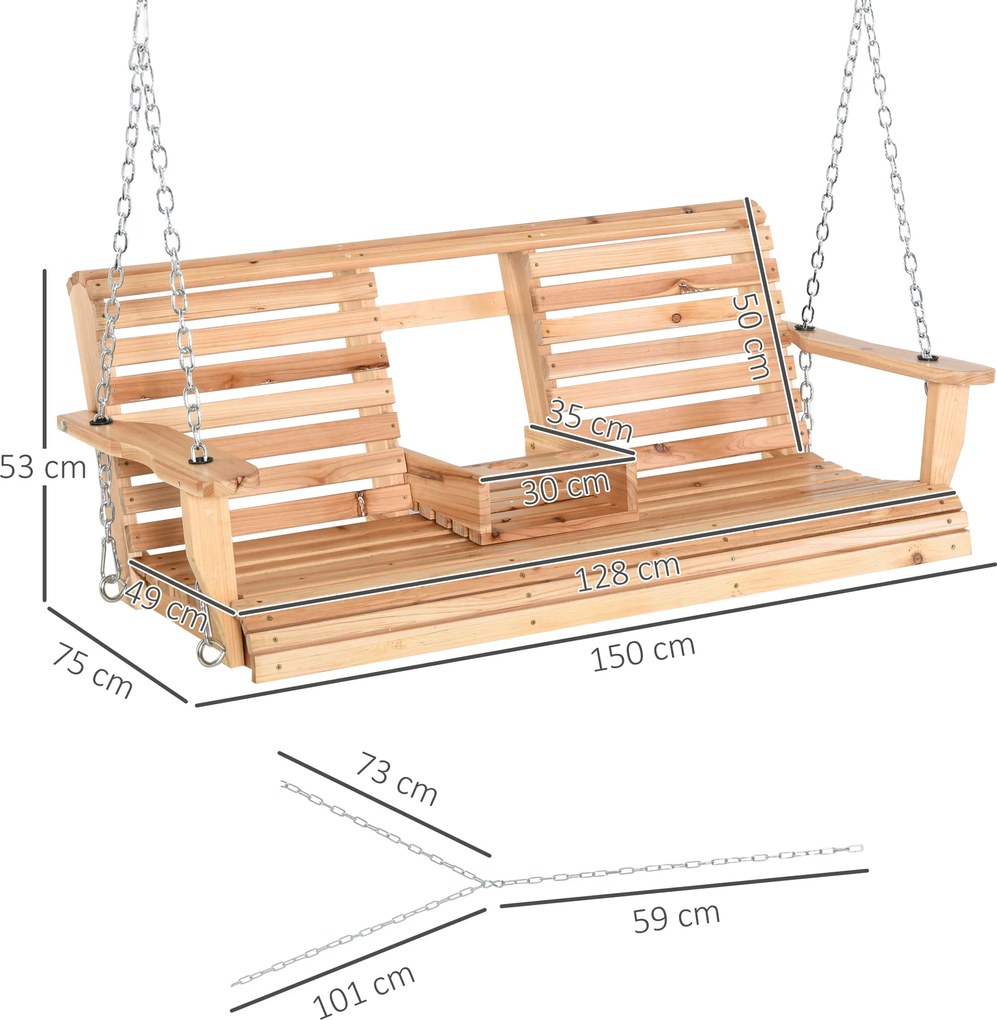 Outsunny závěsná lavice zahradní houpačka houpací lavice se skládacím stolkem a držákem na nápoje, jedlové dřevo, pro 2-3 osoby, 150x75x53cm, příroda…
