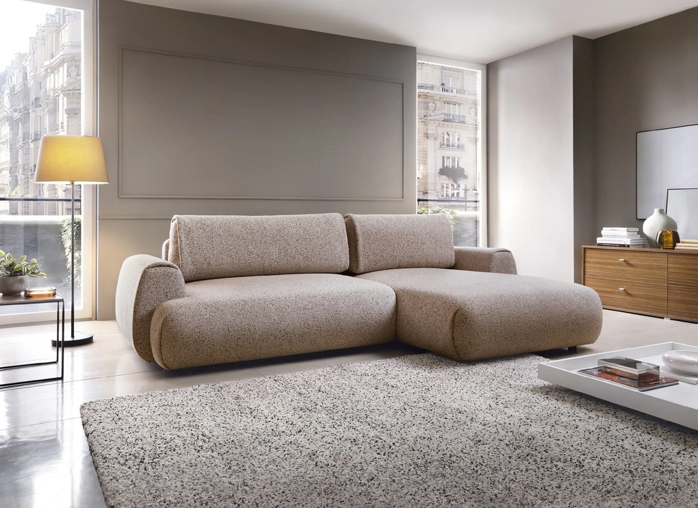 Rohová rozkládací sedací souprava do L PAMPLONA, 270 cm, s úložným prostorem Roh pohovky: Levý roh, Barva látky: Perlová (Puente 80)