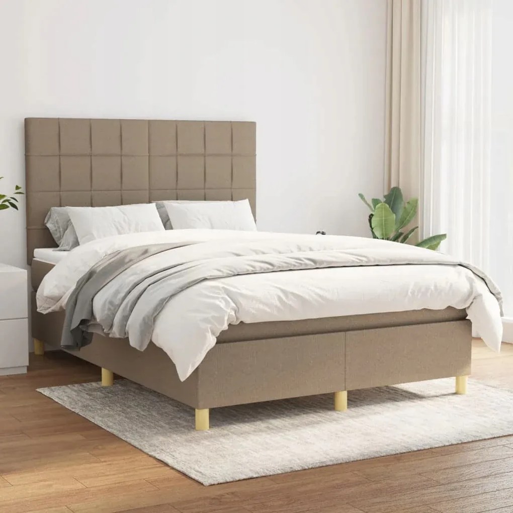 Box Spring Postel S Matrací Textil Taupe Blok se čtverci 140 x 200 cm