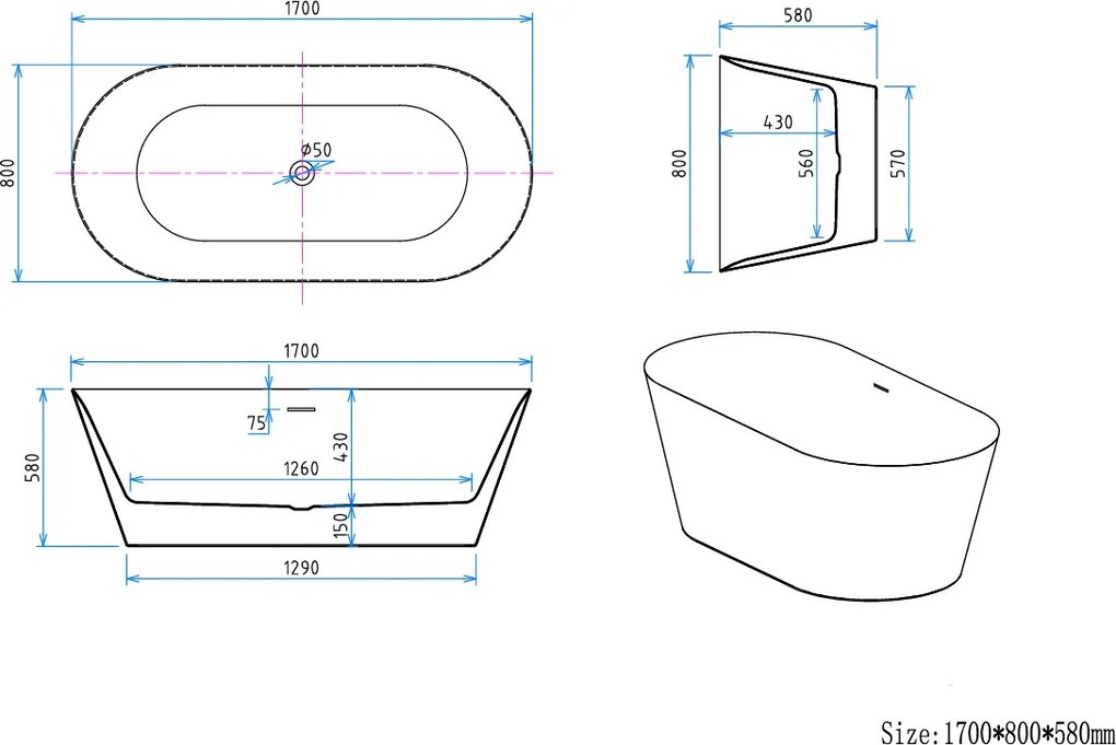 Erga Rhea, volně stojící vana 170x80 cm + odtoková zátka, bílá lesklá, ERG-RHEA-170080-WH-WH