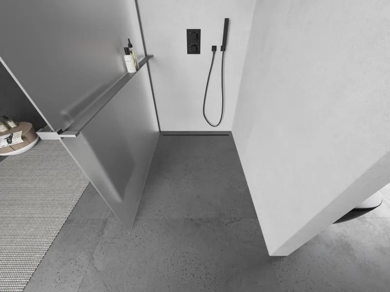 Mexen Kioto+ L, sprchová zástěna Walk-In s poličkou a věšákem 110 x 200 cm, 8mm sklo námraza, grafitový profil, 800-110-123-95-30