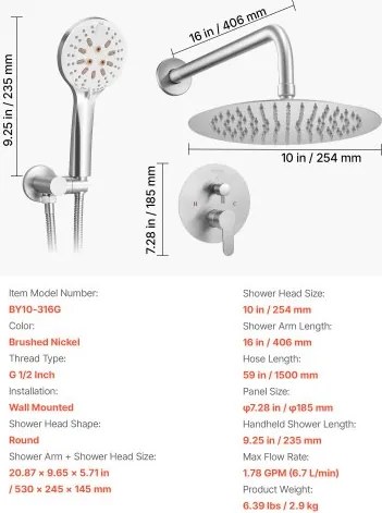 Sprchová baterie VEVOR, 254 mm – Φ7,711,2 mm / φ185 mm