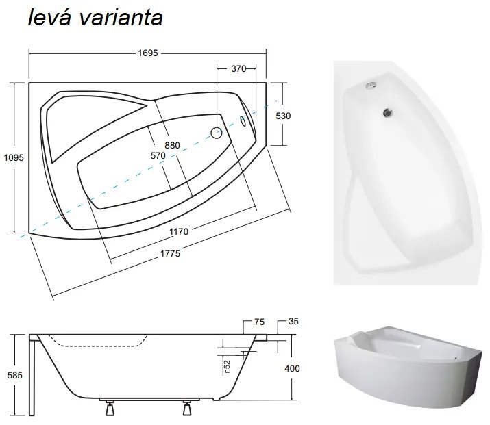 Besco Rima 170x110 akrylátová vana Délka vany: 170cm, Orientace: Levá