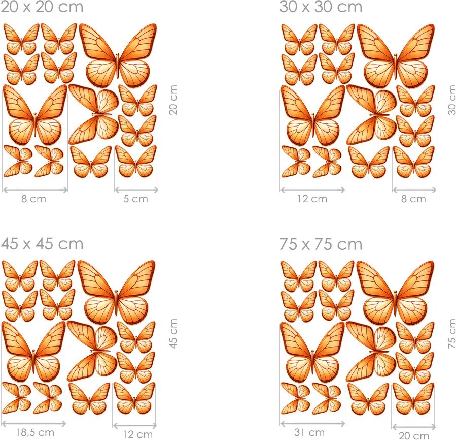 Motýli světle oranžoví 13ks textilní přelepitelná samolepka na zeď arch 30 x 30 cm