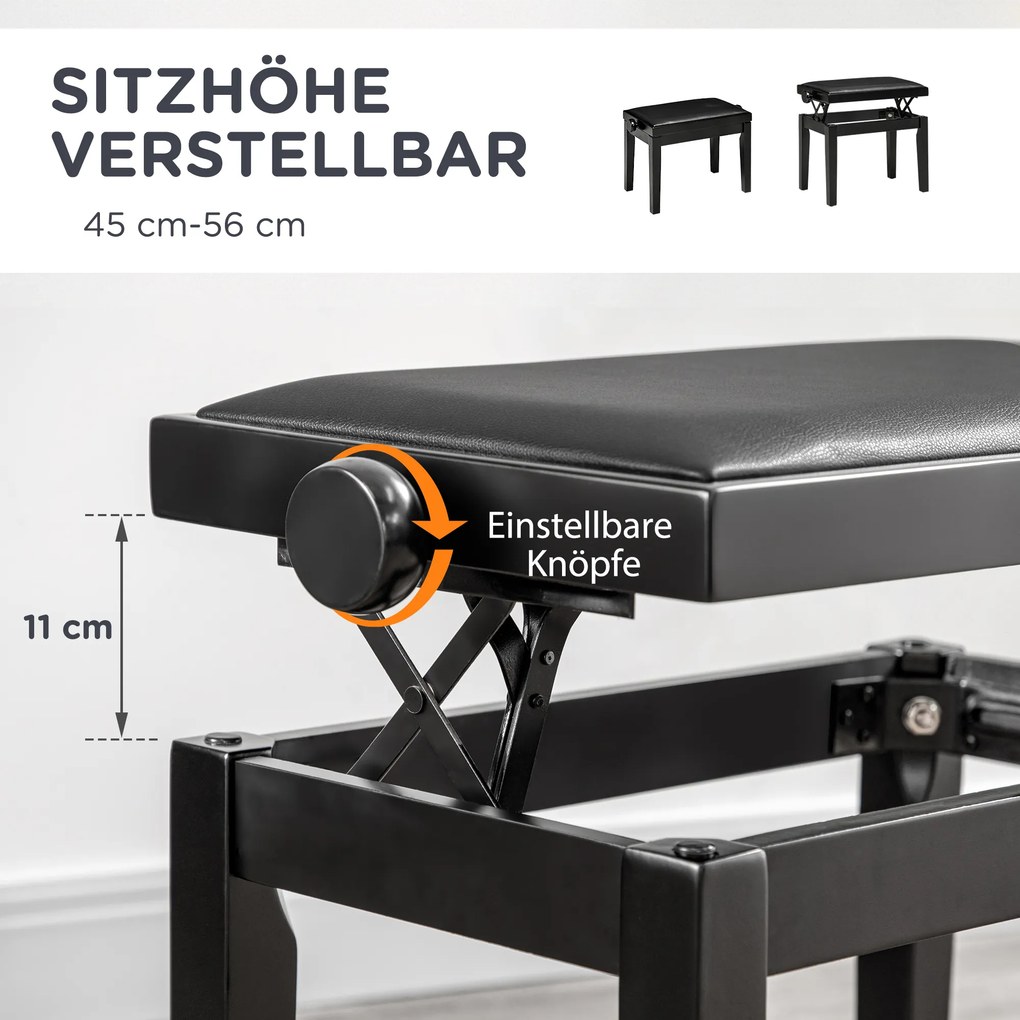 HOMCOM Klavírní stolička Výškově nastavitelná klavírní lavice s koženým polštářem, imitace kůže, gumovník, černá, 63 x 33 x 45-56 cm, ideální pro kla…