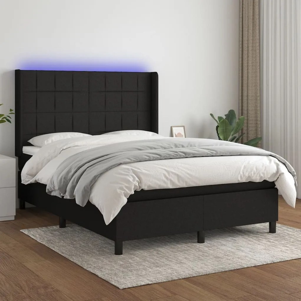 Box spring postel s matrací a LED černá 140x200 cm textil 3138319
