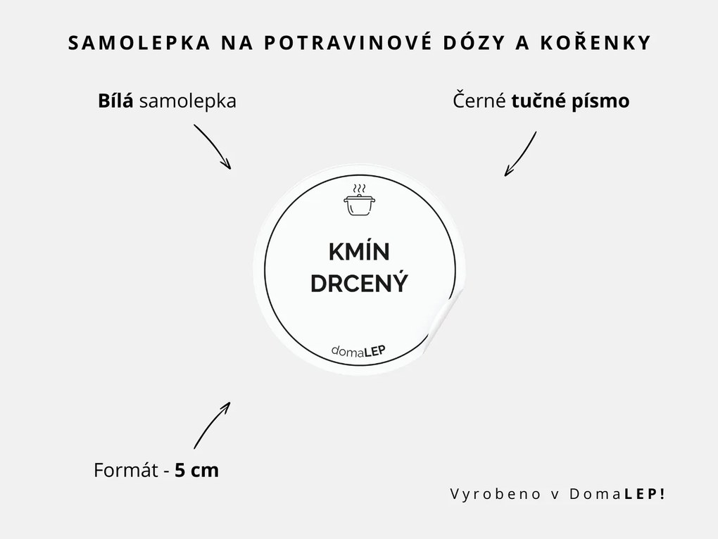 KMÍN DRCENÝ - omyvatelná samolepka na kořenky, výběr rozměrů Ø 5 cm / 5 x 5 cm / 6 x 8 cm | DomaLEP tvar: ČTVEREC, barva: BÍLÁ - ČERNÉ písmo, velikost: š. 5 cm x v. 5 cm - základní písmo