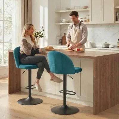 HOMCOM 2ks barových židlí, moderní otočné stoličky s opěrkou nohou, modré