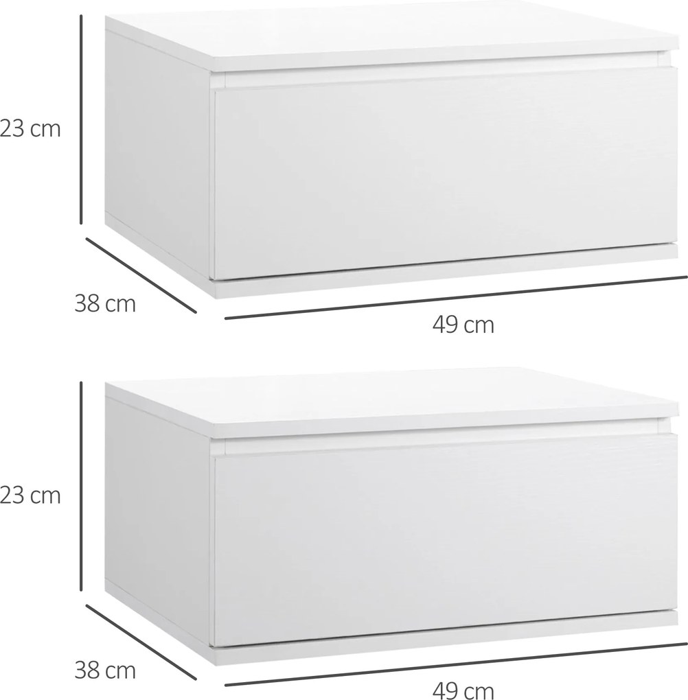 HOMCOM Sada 2 moderních nočních stolků s výsuvnou zásuvkou a závěsným designem do ložnice a obývacího pokoje, z dřevotřísky a MDF, 49x38x23cm, bílá