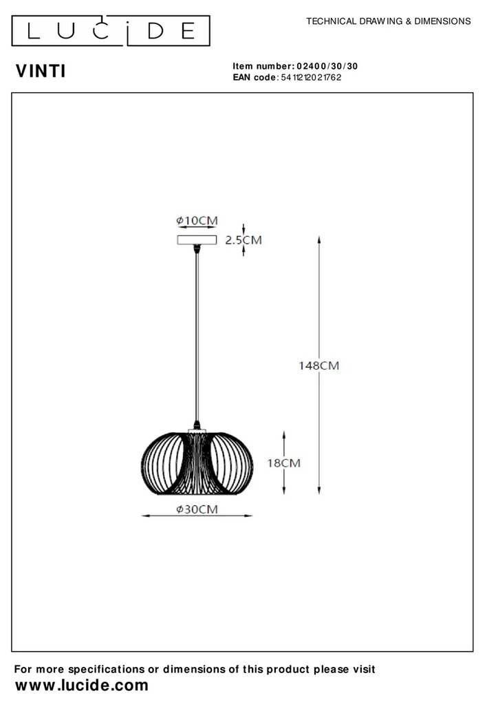 Lucide 02400/30/30 závěsné svítidlo Vinti, černé, E27, ø30cm