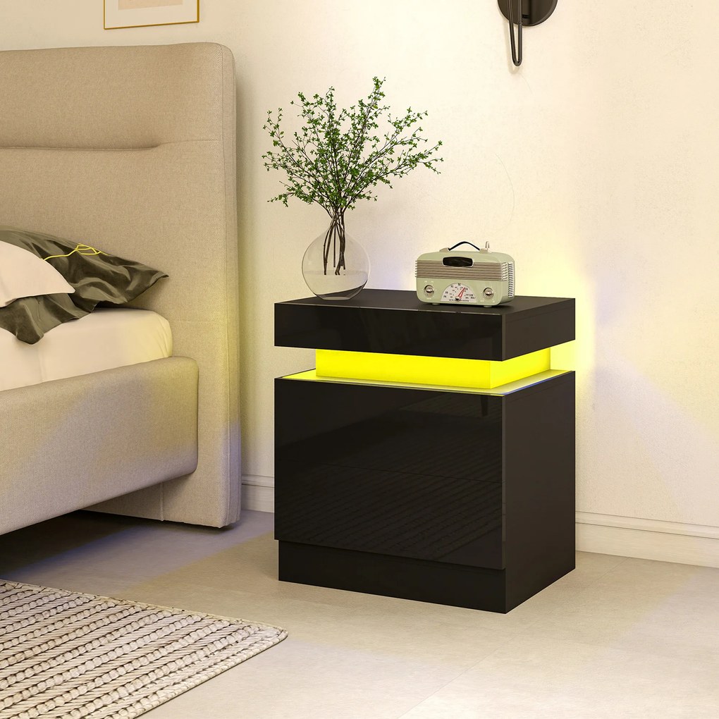 HOMCOM sada 2 LED nočních stolků s 16 barvami a 4 režimy se 2 šuplíky, z dřeva, 45x35x52 cm, černá