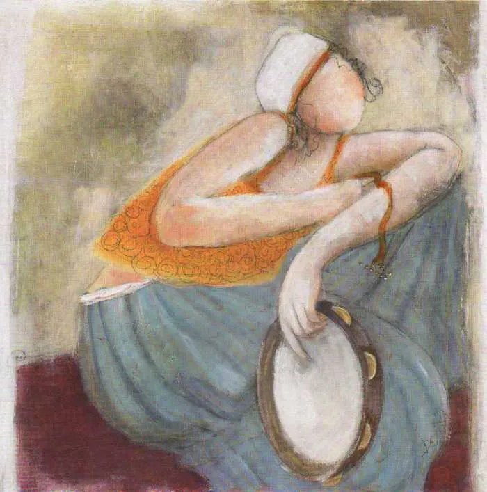 ART-STYLE Obrázek 14x14, postava s tamburínou, rám sv. dub - červotoč
