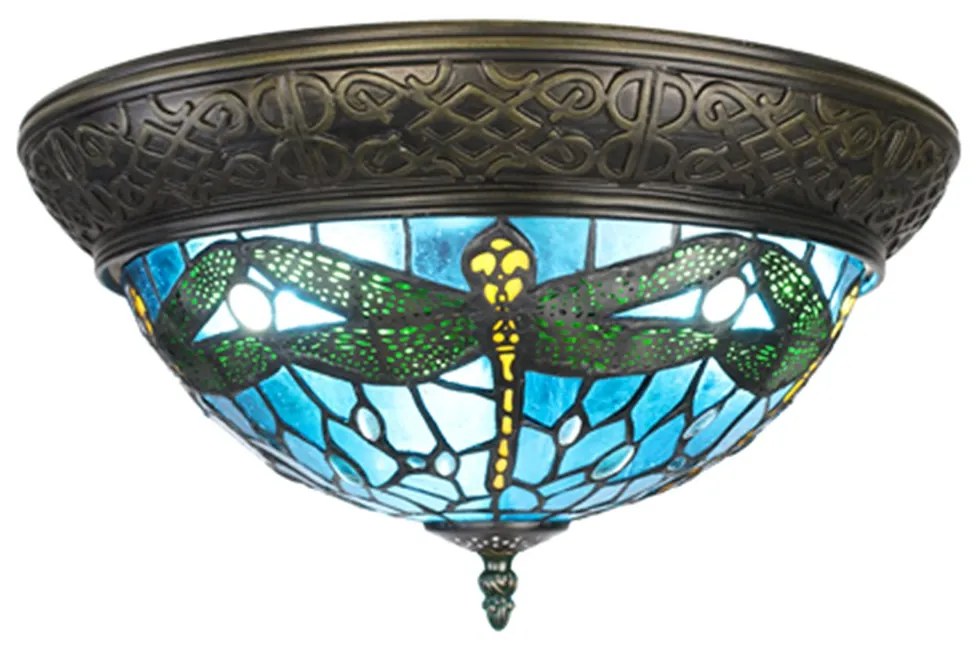 Modré stropní Tiffany světlo s vážkami Dragonfly - Ø 38*20 cm E14/max 2*25W