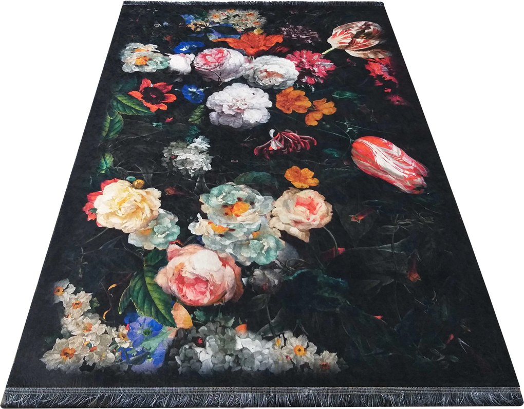 DY Černý koberec s květinovým vzorem Horeca-New 119S Rozměr: 80x150 cm