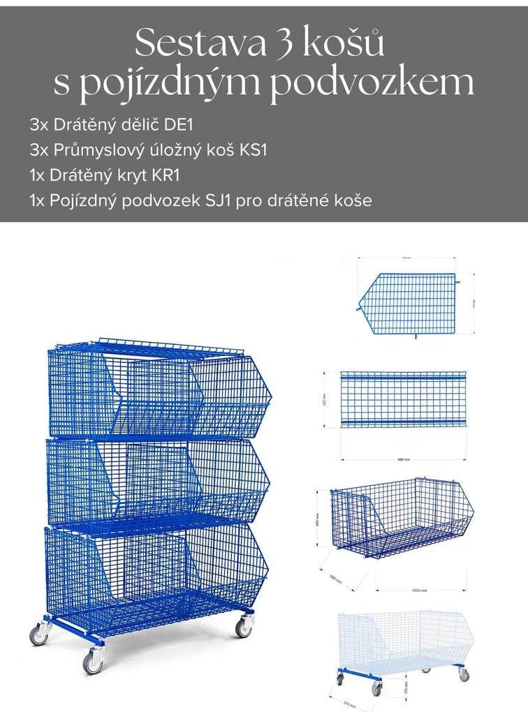 FEROPLAST spol. s.r.o Průmyslový úložný koš KS1, kompletní set 3 košů na kolečkách