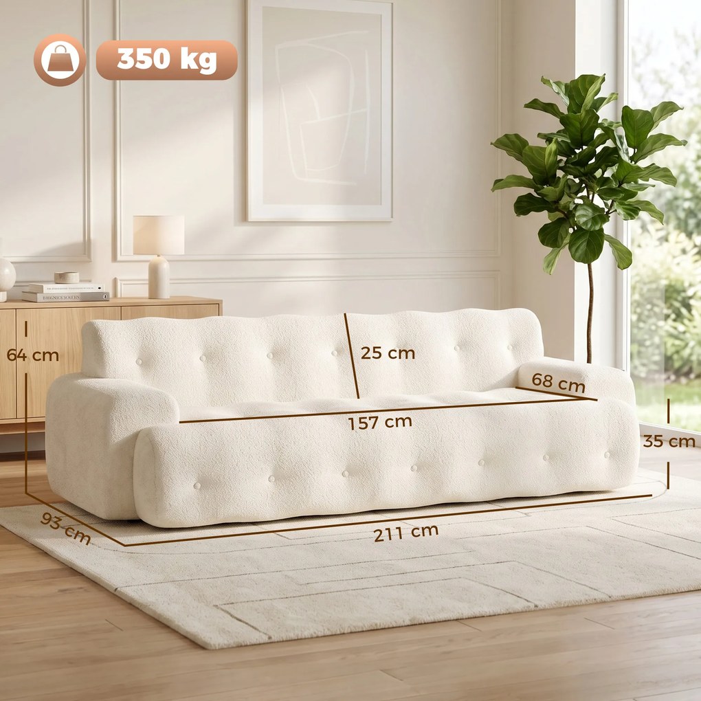 HOMCOM 3místná Chenille pohovka 211 cm, obývací pohovka, hluboké sedadlo, vakuově stlačená, bez montáže, krémová