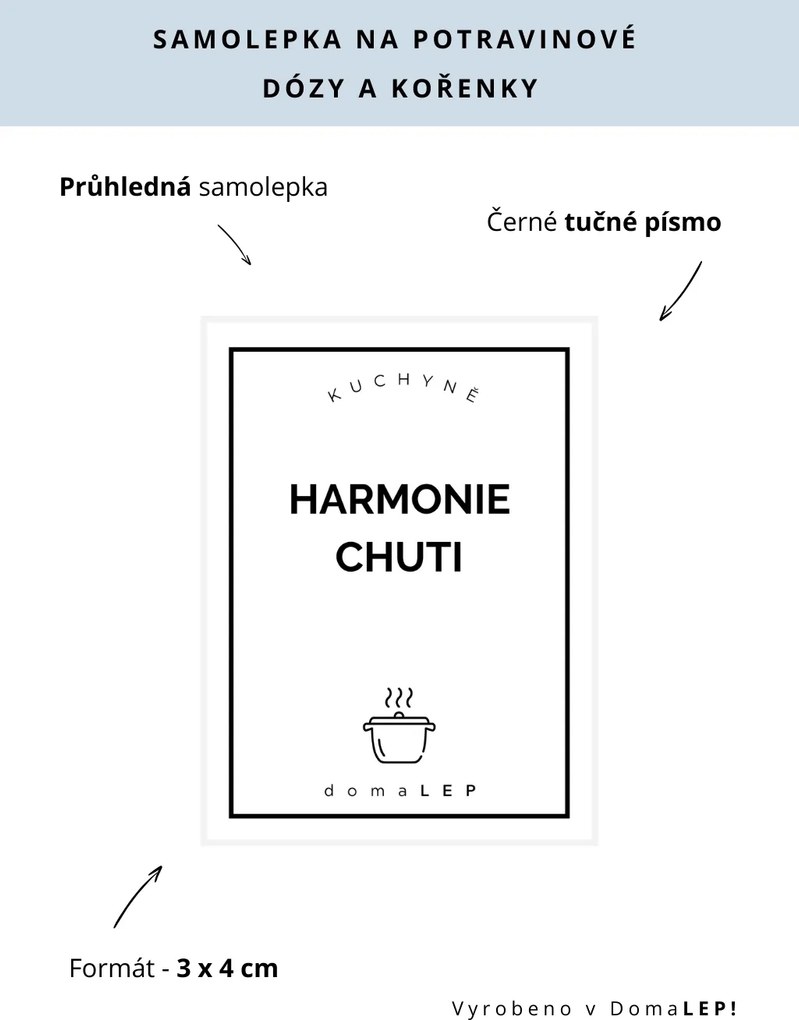 Samolepka na kořenky HARMONIE CHUTI průhledná 3 × 4 cm tučné písmo