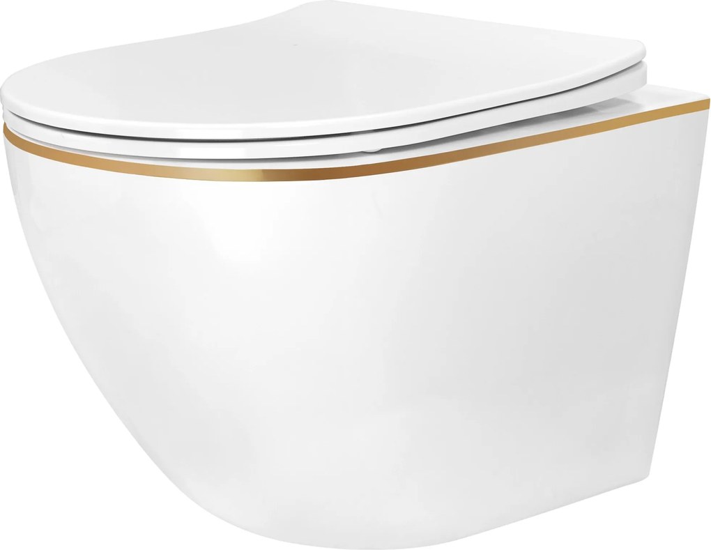 Rea Carlo Mini Tornado, závěsná WC mísa 490x355x350mm + toaletní sedátko, bílá-zlatý okraj, REA-C6801