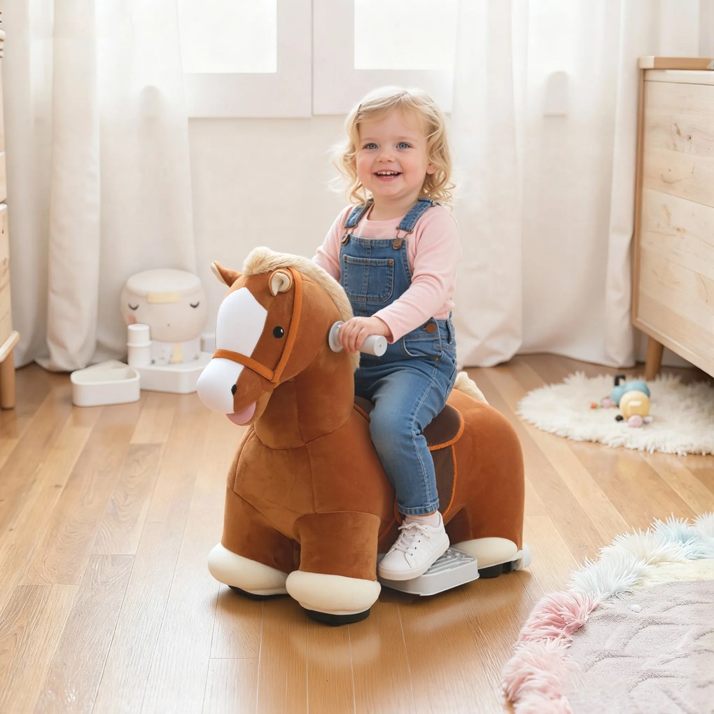 AIYAPLAY Jezdecký kůň na kolečkách pro děti, měkké potažení, napájení baterií, hudba, kola, 1,5-5 let, hnědá