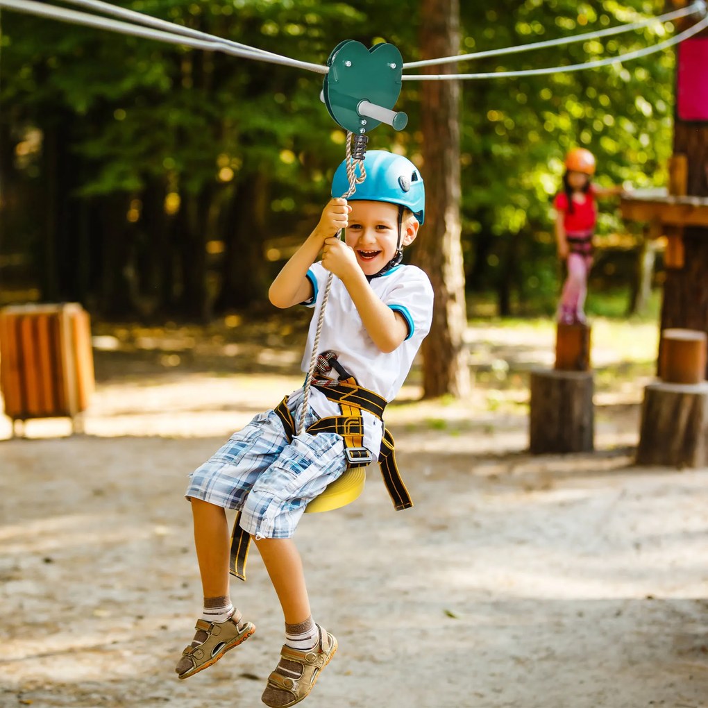 Outsunny Dětské Zipline Sady pro 6-10leté Děti - Zahradní Zipline s Protišmykovým Úchytem a Nastavitelným Lanem, Ochranné Zařízení pro Stromy, Maximá…