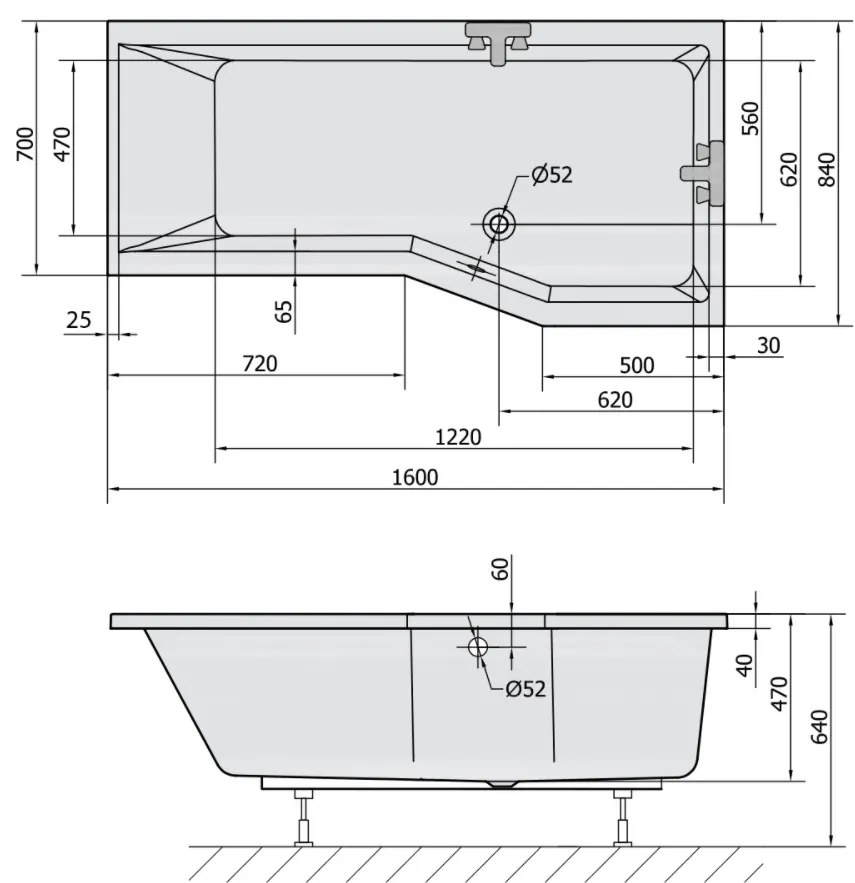 Polysan VERSYS R asymetrická vana s konstrukcí 160x84x70x47 cm, bílá, 15711