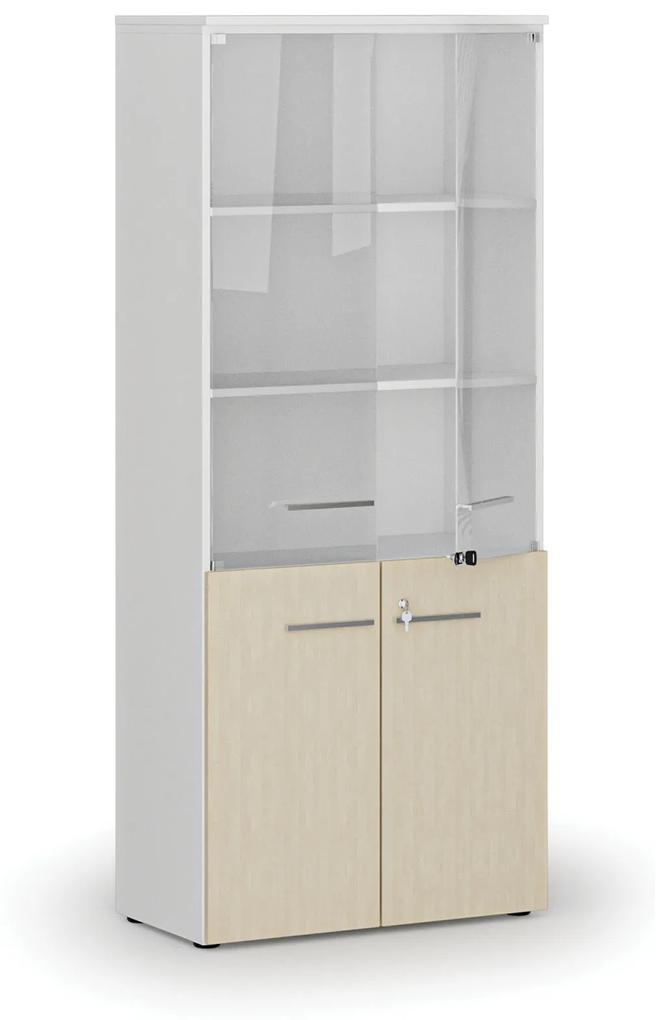Kombinovaná kancelářská skříň PRIMO WHITE s dřevěnými a skleněnými dveřmi, 1781 x 800 x 420 mm, bílá/buk