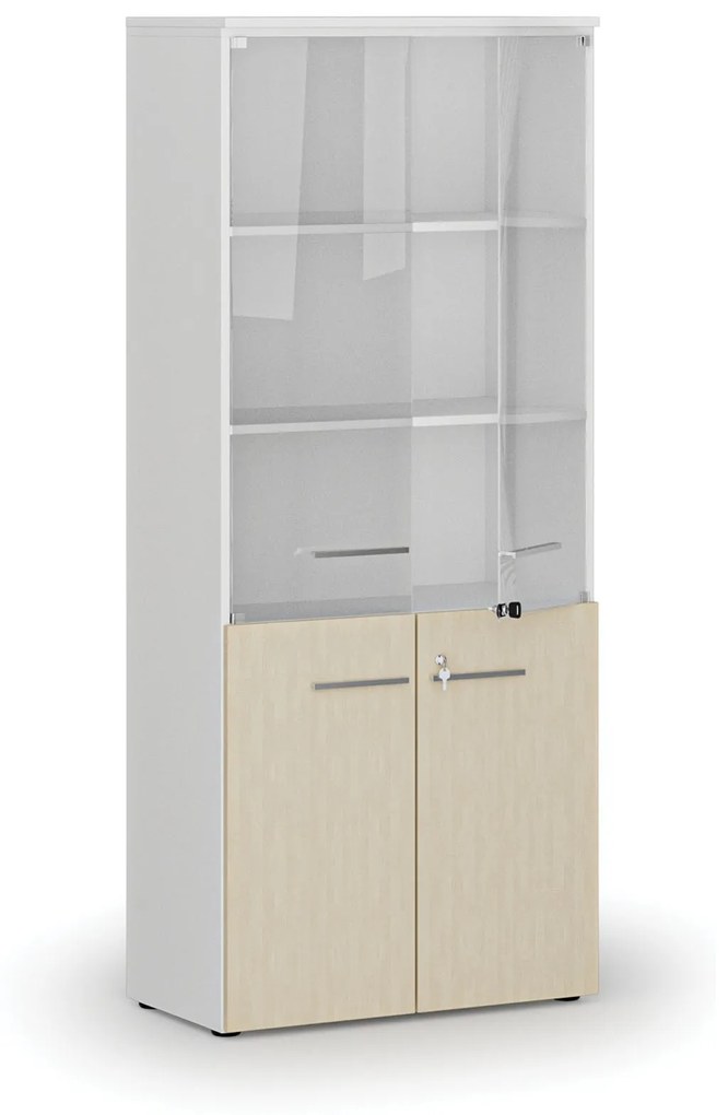 Kombinovaná kancelářská skříň PRIMO WHITE s dřevěnými a skleněnými dveřmi, 1781 x 800 x 420 mm, bílá/třešeň
