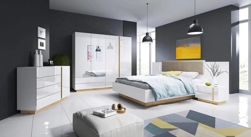 Postel s úložným prostorem, bílá/dub grandson/bílý lesk, CITY Kondela 0000264434