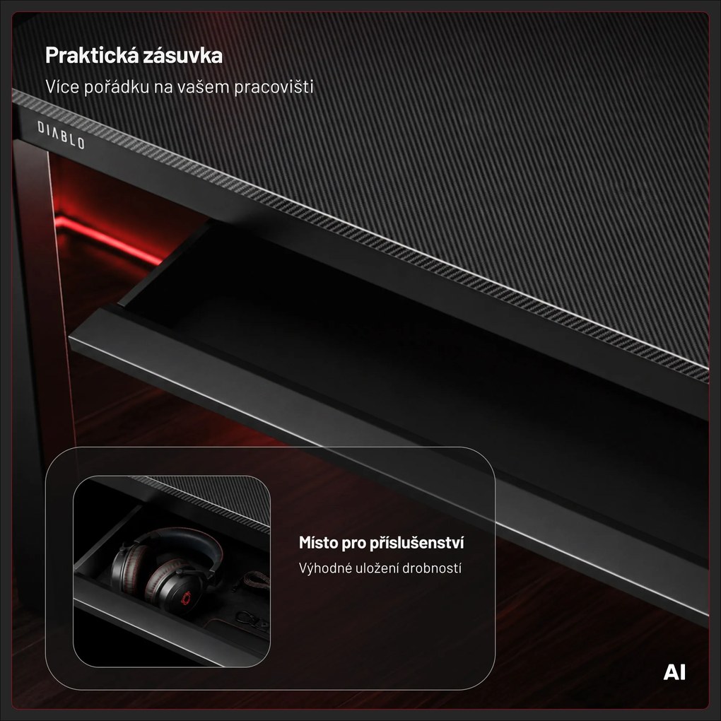 Herní stůl elektricky nastavitelný, vestavěná bezdrátová nabíječka QI a USB: Diablo X-RIFT černý