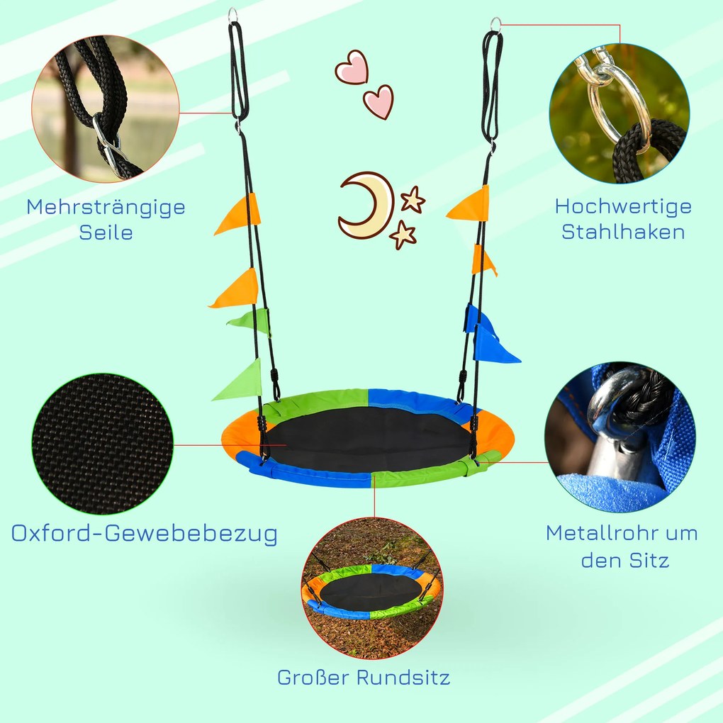 Zahradní houpací hnízdo Outsunny Ø100x120-180 cm s nastavovací výškou, provazy a vlajkami pro děti a dospělé, nosnost 80 kg, vhodné do interiéru i ex…