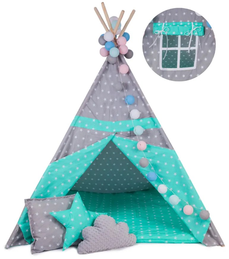 Dětský stan TEEPEE (TÝPÍ) MINT S HVĚZDIČKAMI + doplňky