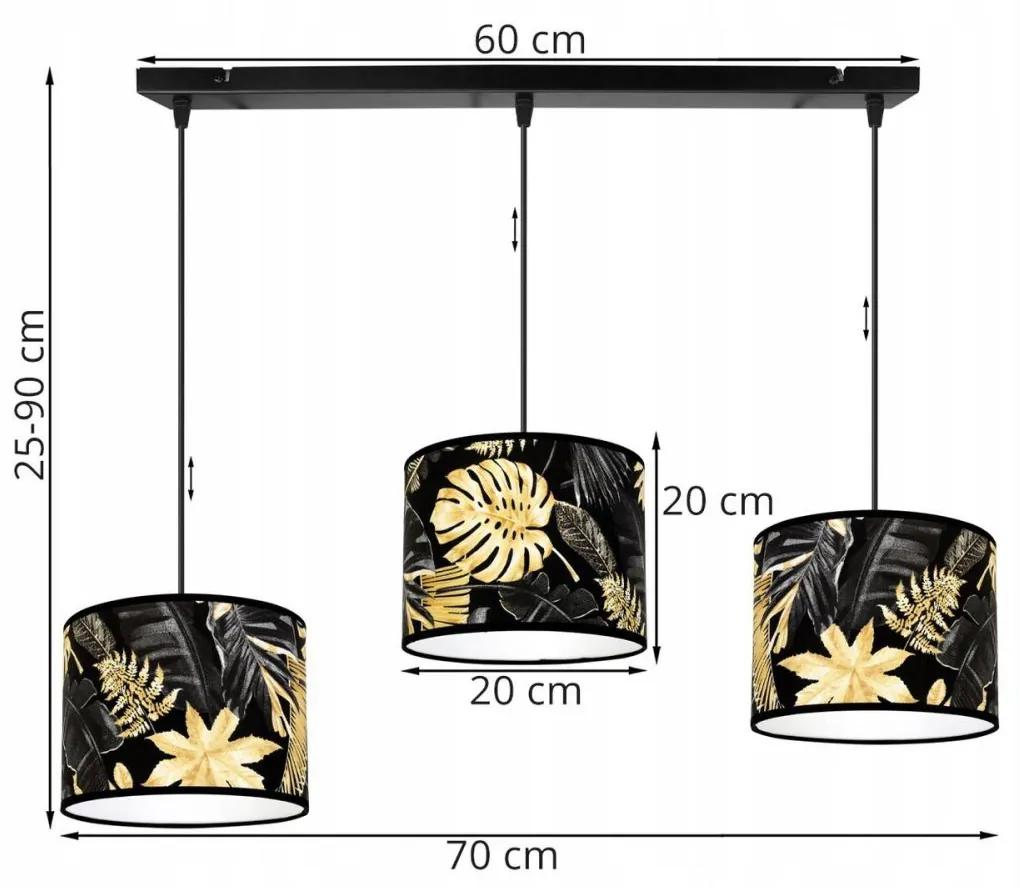Závěsné svítidlo GOLD FLOWERS, 3x černé textilní stínítko s květinovým vzorem