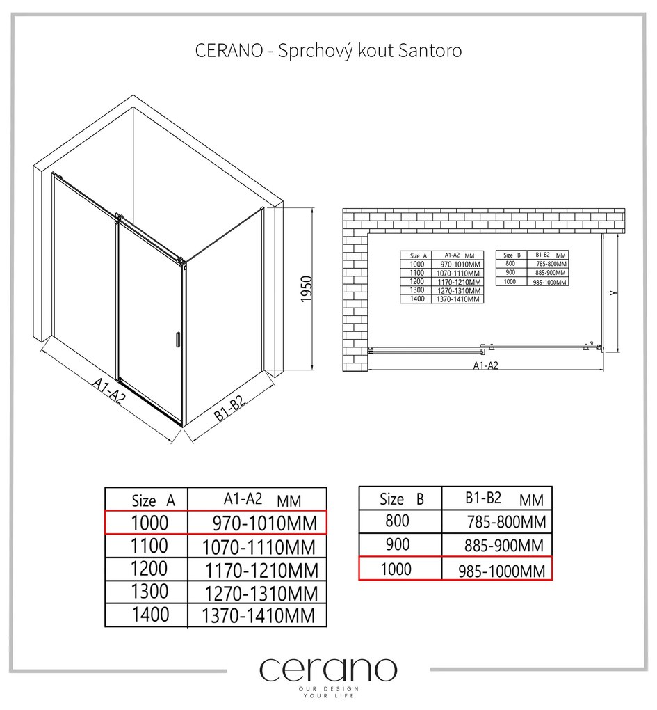 CERANO - Sprchový kout Santoro L/P - černá matná, grafitové sklo - 100x100 cm - posuvný