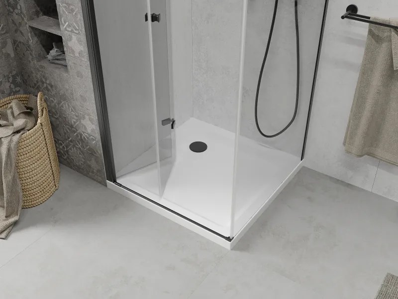 Mexen Lima, sprchový kout se skládacími dveřmi 70 (dveře) x 70 (stěna) cm, 6mm čiré sklo, černý profil + slim sprchová vanička bílá s černým sifonem, 856-070-070-70-00-4010B