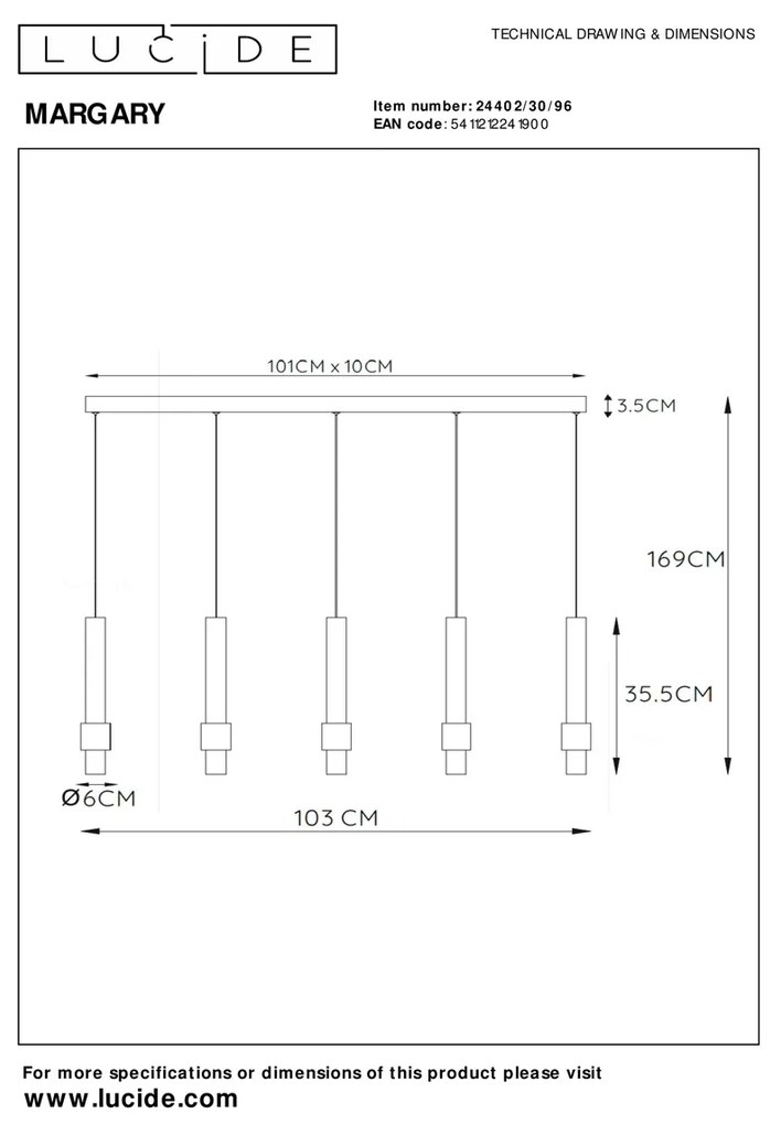 Lucide 24402/30/96 závěsné LED svítidlo Margary kávové, 5x4,2W, 2700K, 101cm