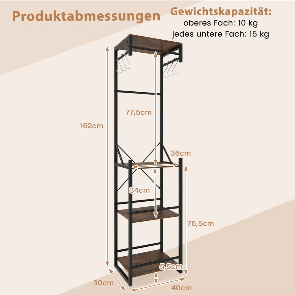 Costway Volně stojící věšák na kabáty slim Hallový strom s 4 policemi 6 háky a 3
