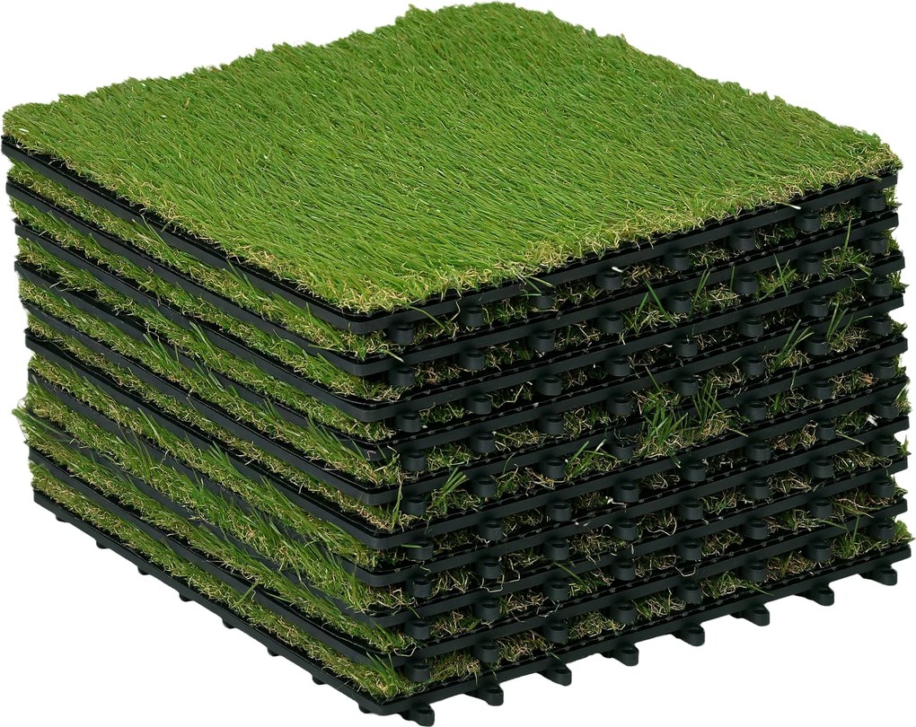 Umělá tráva Outsunny 10 kusů, koberec na trávník 30 x 30 cm, syntetická tráva pro zahradu a balkon, plastová 25 mm | Aosom
